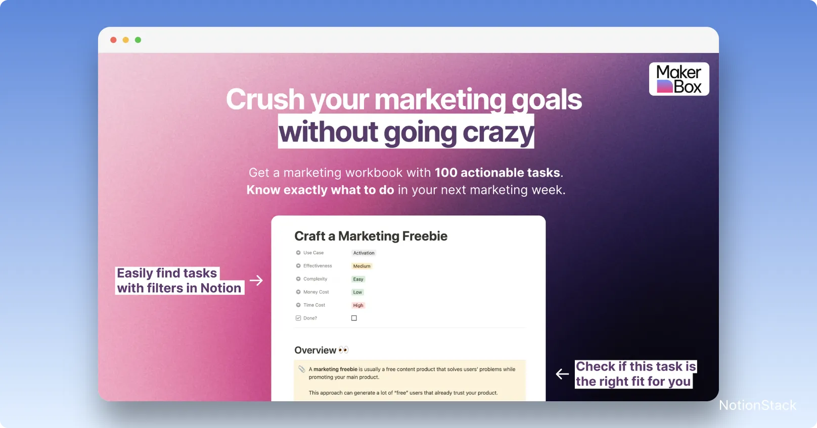 MakerBox Workbook: 100 actionable marketing tasks managed in Notion